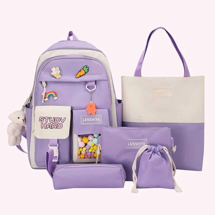 Women Student Backpack Large Capacity 5pcs/set School Book Bags Simple ...
