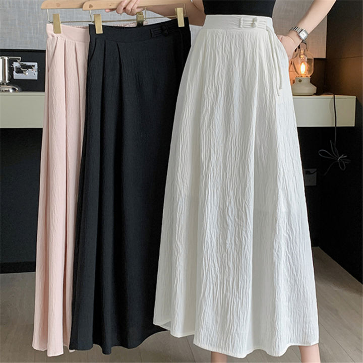 Seoulish Cotton Pleated Long Skirts for Women 2024 New Summer Spring Elegant Solid Elastic High ...