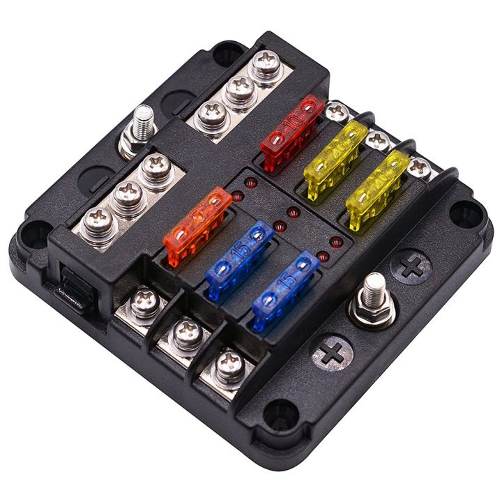 Fuse Box with Negative Bus, 6 Way Blade Fuse Holder Block with LED ...