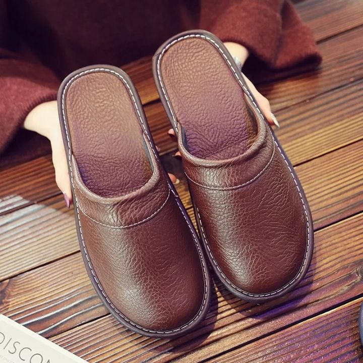 Cheap Home Slides Slipper Men Indoor Fur PU Leather Mule Mens Autumn ...