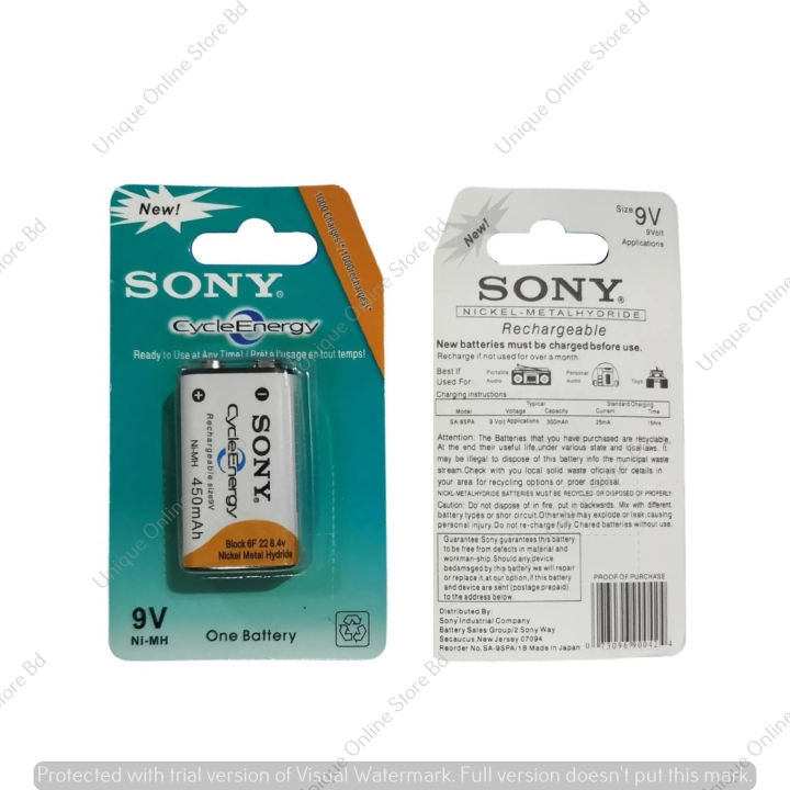 Sony cycle Energy 9V rechargeable battery 450mAh | Daraz.com.bd