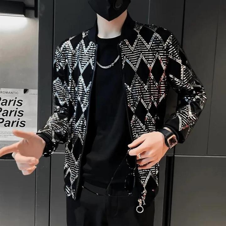 Sequin Diamond Bomber Jackets for Men Silver Plaid Fashion Streetwear ...