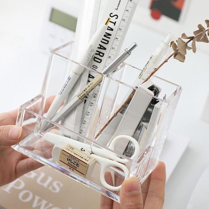 Ins Style Transparent Acrylic Square Three Grid Pen Holder Storage Rack ...