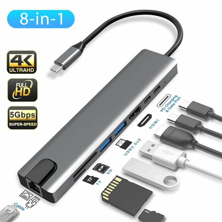 8 in 1 Dock Station Gigabit Ethernet Dongle Fast Charging Type C To USB ...