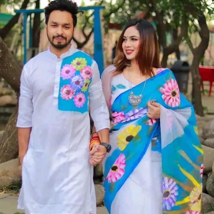 Exclusive New Design Half Silk Hand Print Saree And Dhupian Mix Cotton ...