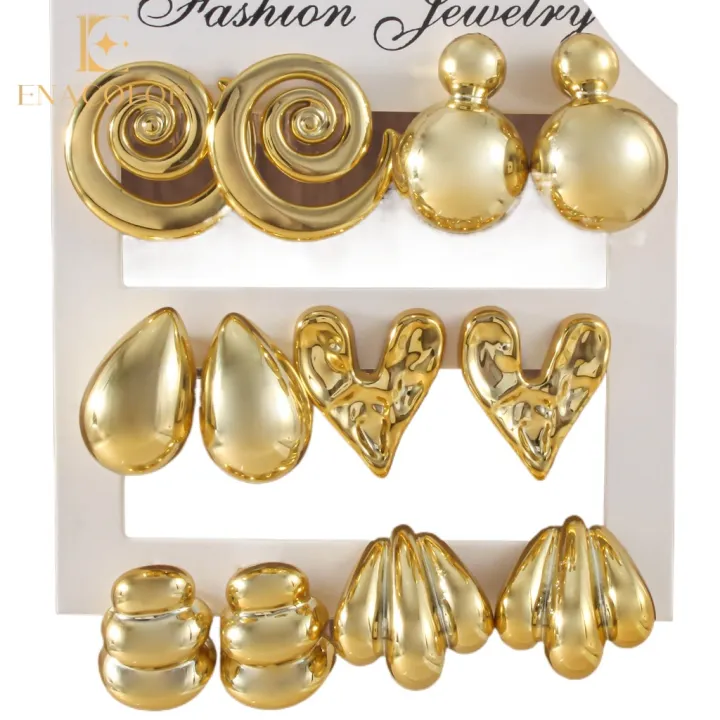 Enacolor 6Pairs/Set Retro Female Gold Acrylic CCB Spiral Heart-shaped ...