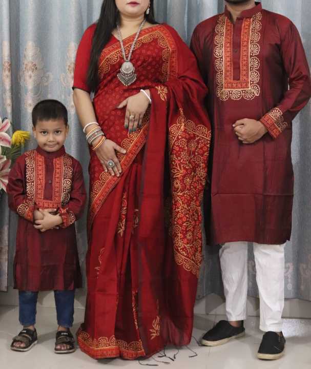 Block Print Family Set Maroon Color Shari and Panjabi for Father Mother ...