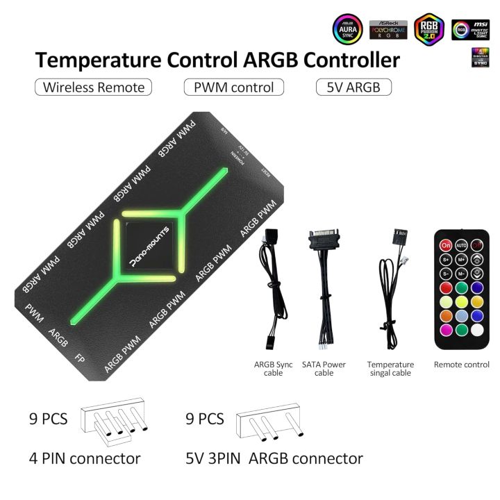 Ausen ARGB Fan & PWN 9 Ports Hubs with remote control ( 5V 3 Pin ARGB + 4 Pin PWN ) | Daraz.com.bd