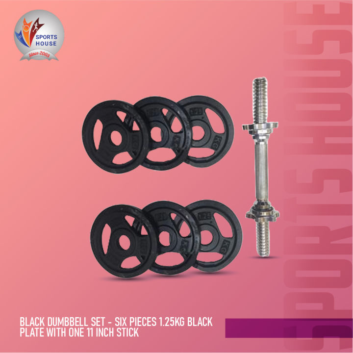 Black Dumbbell Set - Six Pieces 1.25kg Black Plate with one 11 inch ...