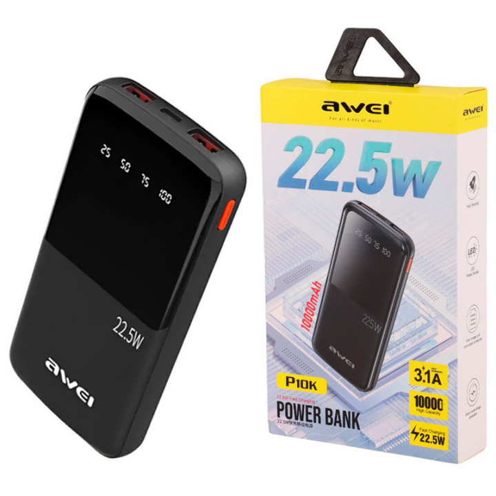 AWEI P10K 10000mAh Fast Charging 22.5W Dual USB Output Ports Digital ...