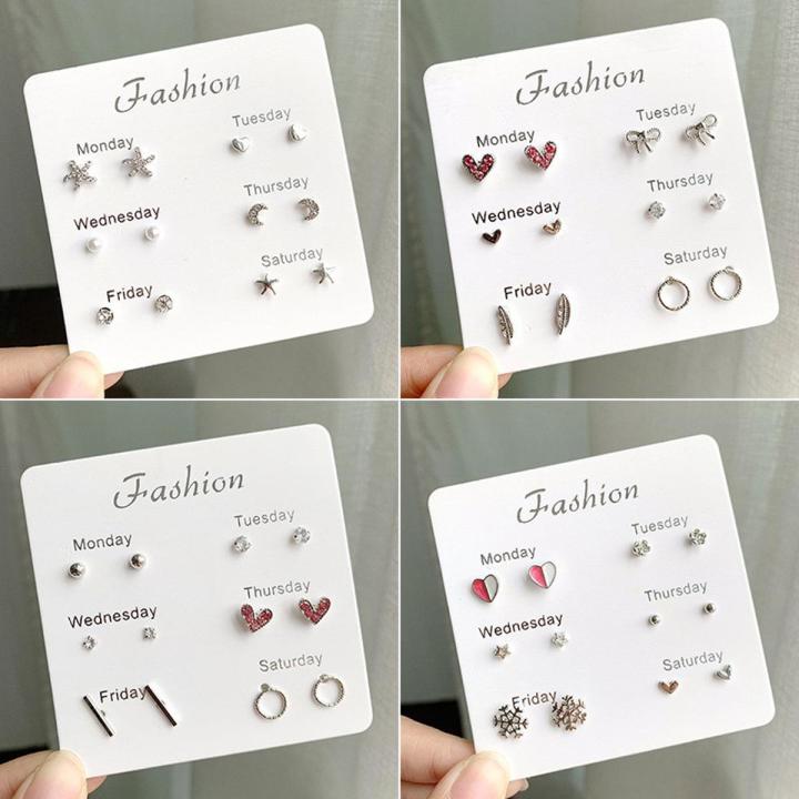 4/6 Pairs/Set One Week Stud Earrings Set -Women Fashion Crystal Heart ...