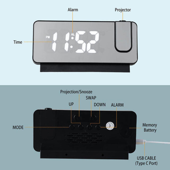 USB LED Mirror Projection Alarm Clock Digital Snooze Rotated Display ...