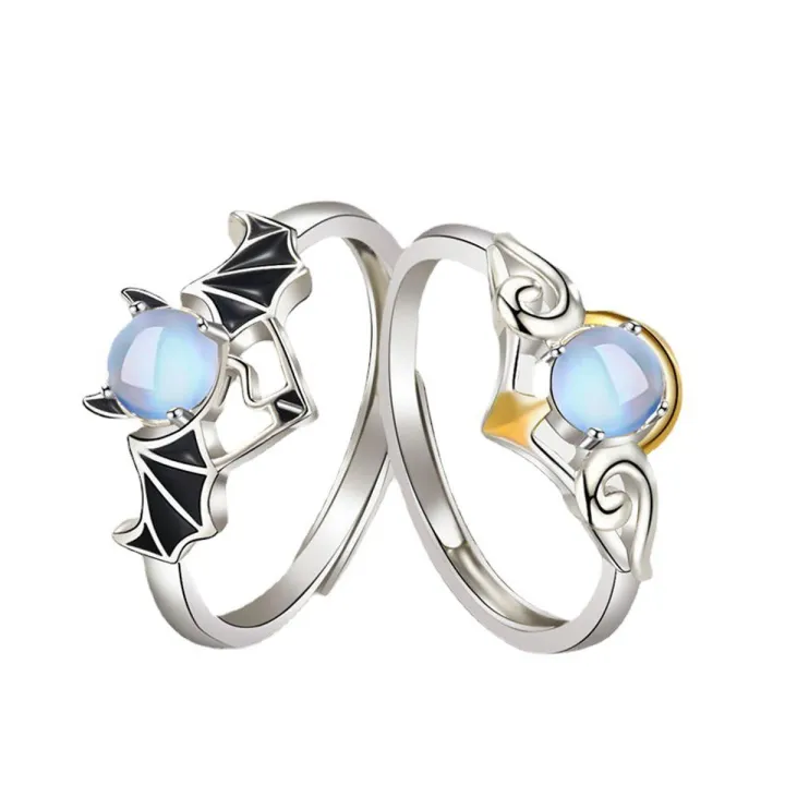 Angel Devil Wings Couple Rings Simple Punk Opening Adjustable Moonstone ...
