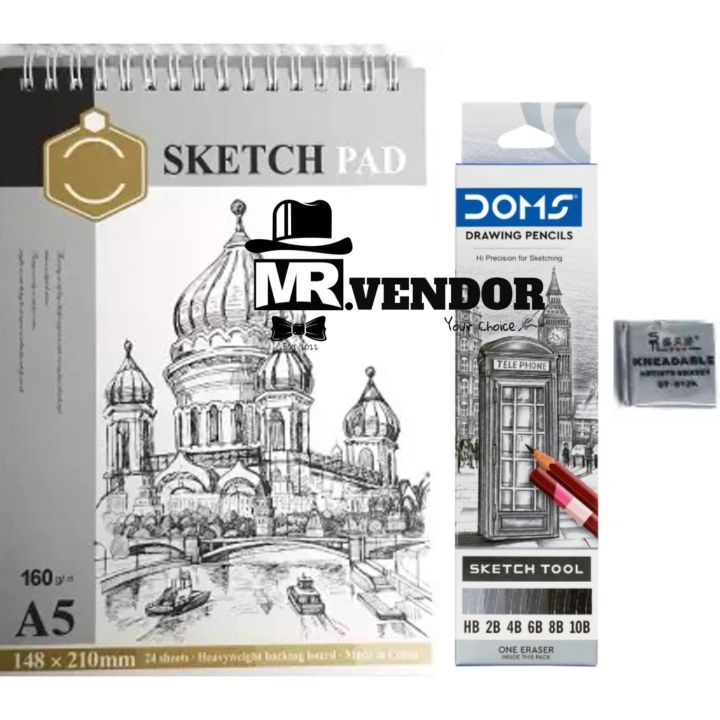 SPIRAL BINDING SKETCH BOOK WITH 6PCS GRAPHITE SKETCHING DRAWING PENCIL ...