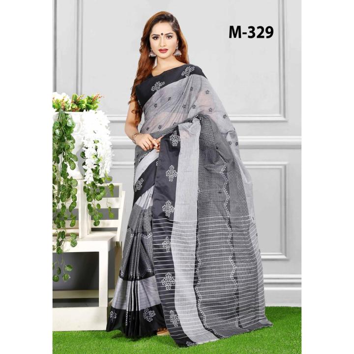 Tangail Tat মহিলাদের জন্য ব্লাউজ পিস সহ কালো এবং ছাই রঙের সুতির শাড়ি ...