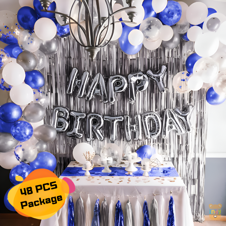 Birthday Decoration Combo Pack With Foil Banners, Backdrop Curtains, Metallic Balloons Full ...