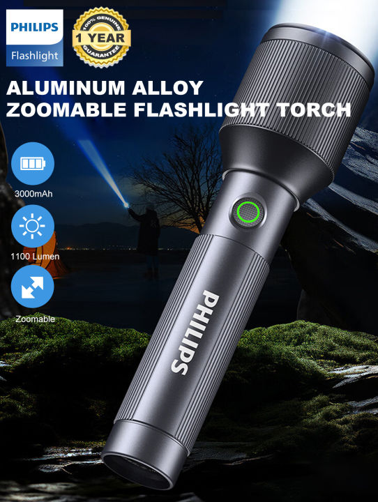 PHILIPS 24W Zoomable LED Flashlight Torch 1100LM, 3000mAh Rechargeable ...