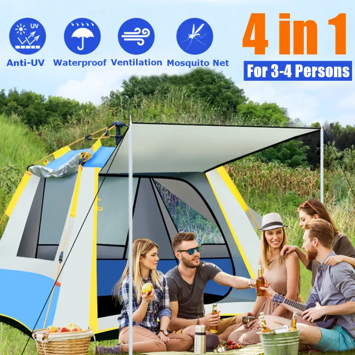 3-4 Person Rainproof Windproof Fully Automatic Large Camping Tent Sun ...