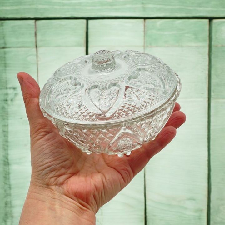 "Pressed Glass Candy Dish with Lid, Adorned with Hearts and Fleur de ...