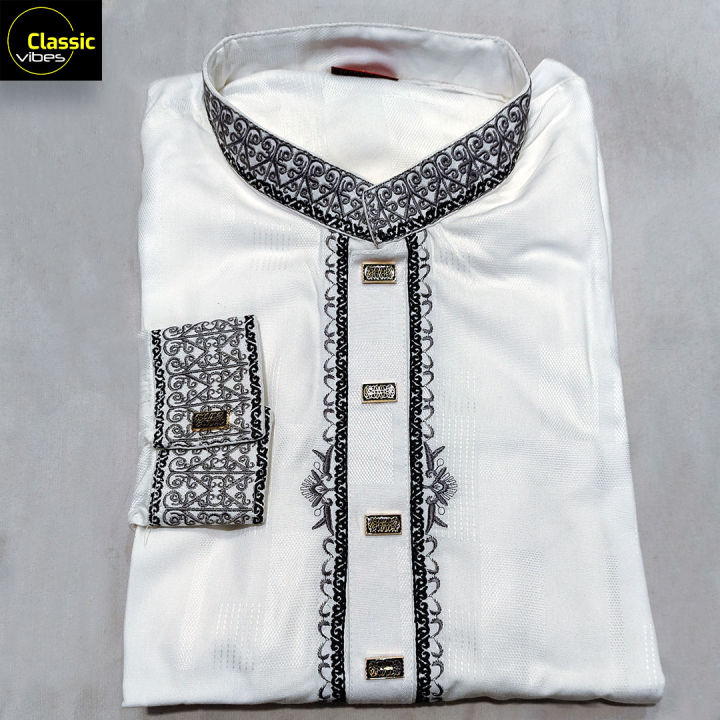 Premium cotton panjabi with collar and sleeve-cuff embroidery design in ...