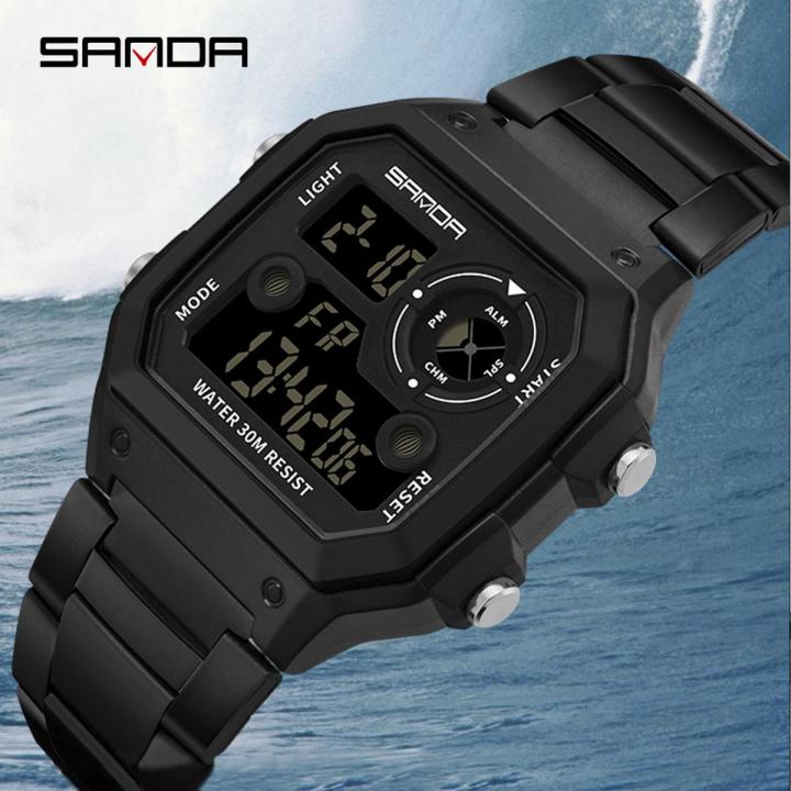 SANDA Men Brand Stainless Steel Sports Luxury Men Watch LED Digital ...