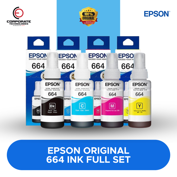 Original Epson 664 ink. Black, Cyan, Magenta, Yellow Ink (Set of 4). for Epson 664 L100, L110 ...