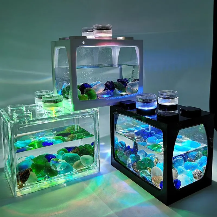 1 Pcs Mini betta Aquarium Fish Tank + 2 Led Lamps + 1 Water Plant Light ...