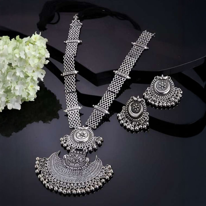 Garman Antique Silver Choker Necklace Earrings and Tikli Jewelry Set ...