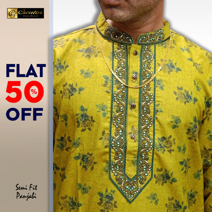 Printed Cotton Yellow Stylish Semi Fit Panjabi for men 2024 | Daraz.com.bd