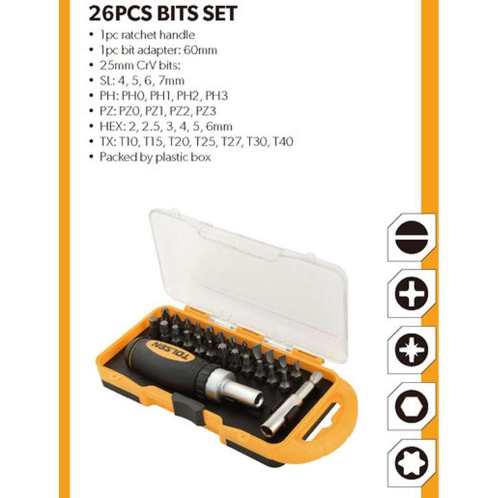 TOLSEN 26pcs Ratchet Bit Set w/ Bit Holder (Philip & Flat) 20034 TPR ...