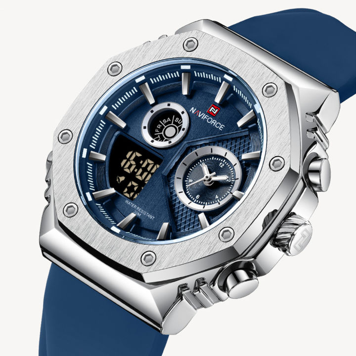NAVIFORCE NF9216 Navy Blue TPU Silicone Strap Dual Time Watch For Men ...