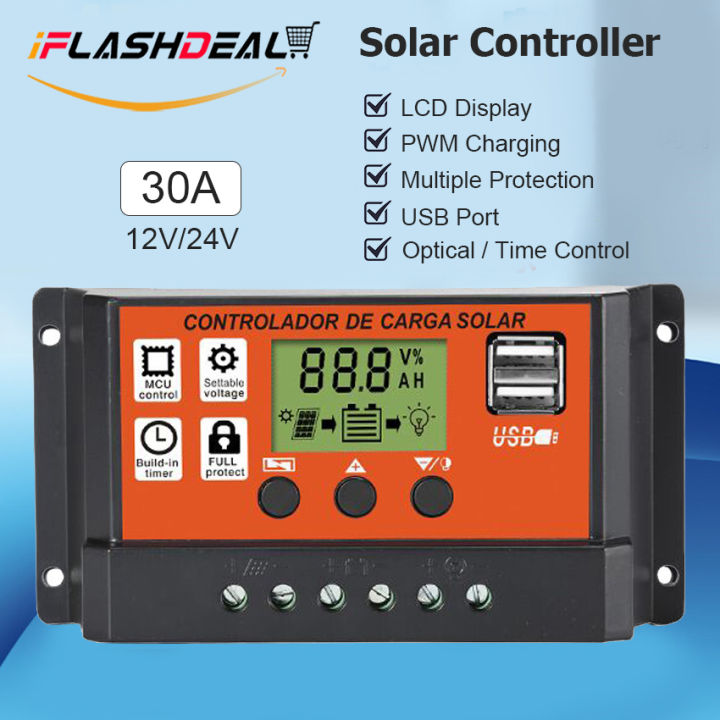 iFlashDeaal 30A Solar Charge Controller Solar Panel Controller 12V/24V ...