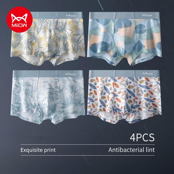 MiiOW 4Pcs Boxers Men Underwear Ice Silk Printing Boxer Men's Panties Male Trunks Underpants ...