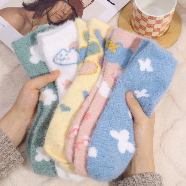 Flower Heart Pattern Velvet Socks Girls Cute Sweet Winter Warm Thick ...