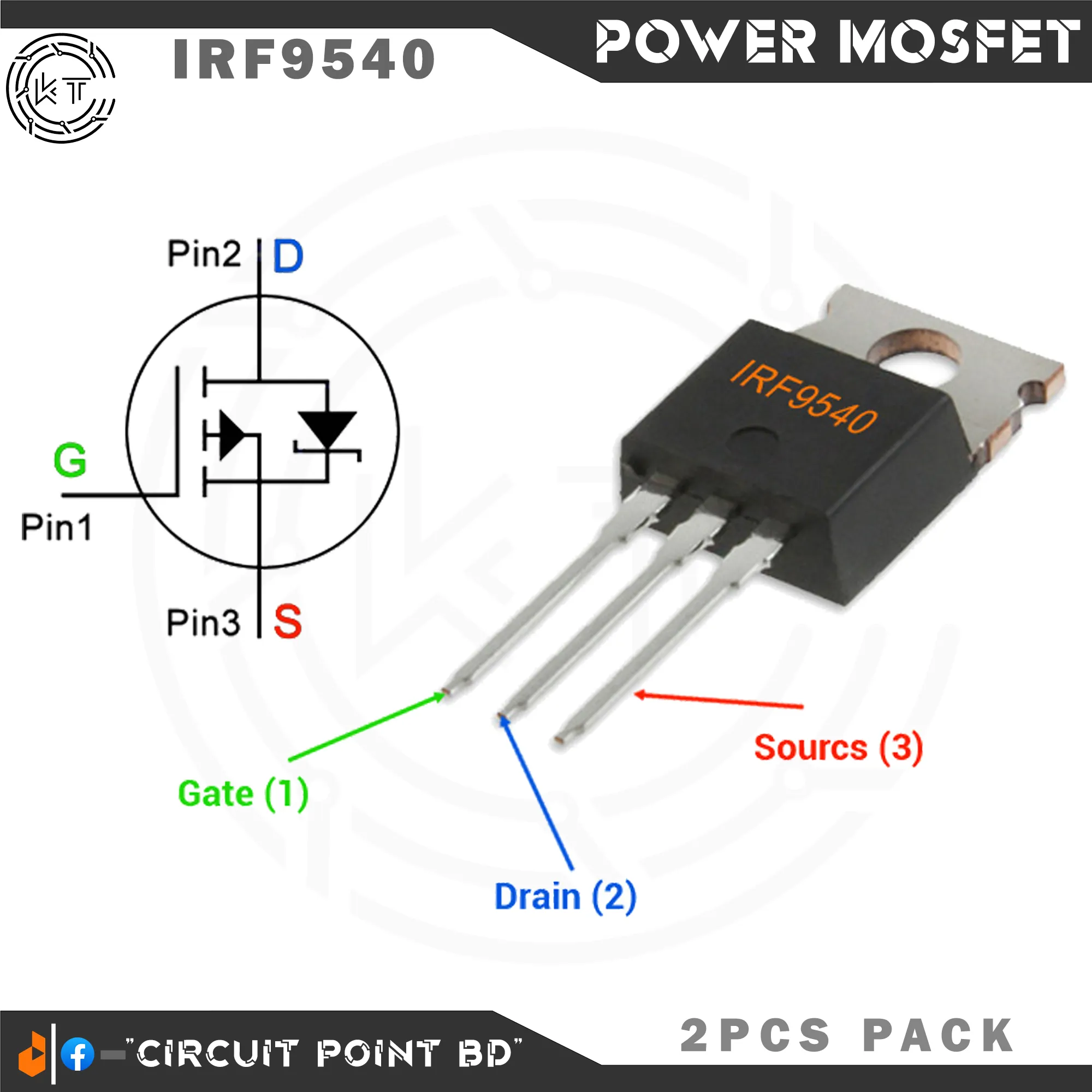 2Pcs IRF9540 9540 Power Transistor MOSFET P-Channel 76Amp 150W 100V 3 ...