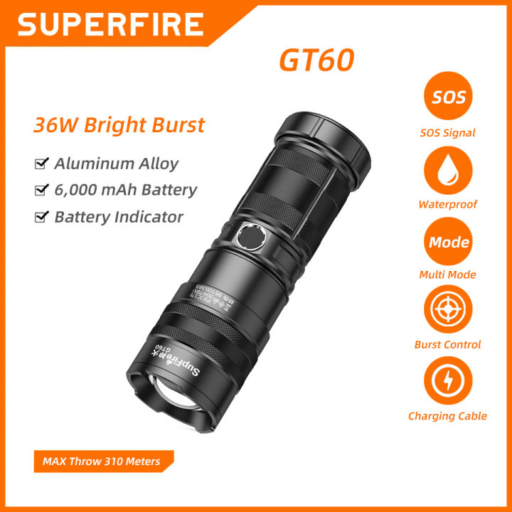 SUPERFIRE GT60 xhp90 2600lm LED Flashlight with Taillight Zoom USB-C ...