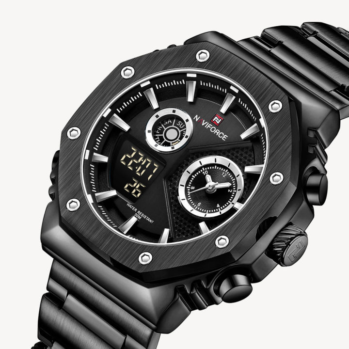 NAVIFORCE NF9216 Black Stainless Steel Dual Time Watch For Men - Black ...