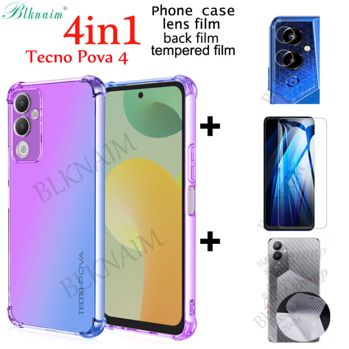 BLKNAIM (4-in-1) NEW For Tecno Pova 4 Case Anti-fall Color Mobile Phone case + Full Screen ...