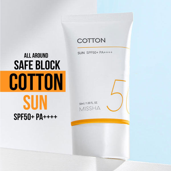 The Missha All Around Safe Block Cotton Sunscreen SPF 50+ is an ...
