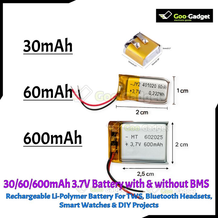 30/60/600mAh 3.7V Rechargeable Li-Polymer Bluetooth Headphone Battery ...