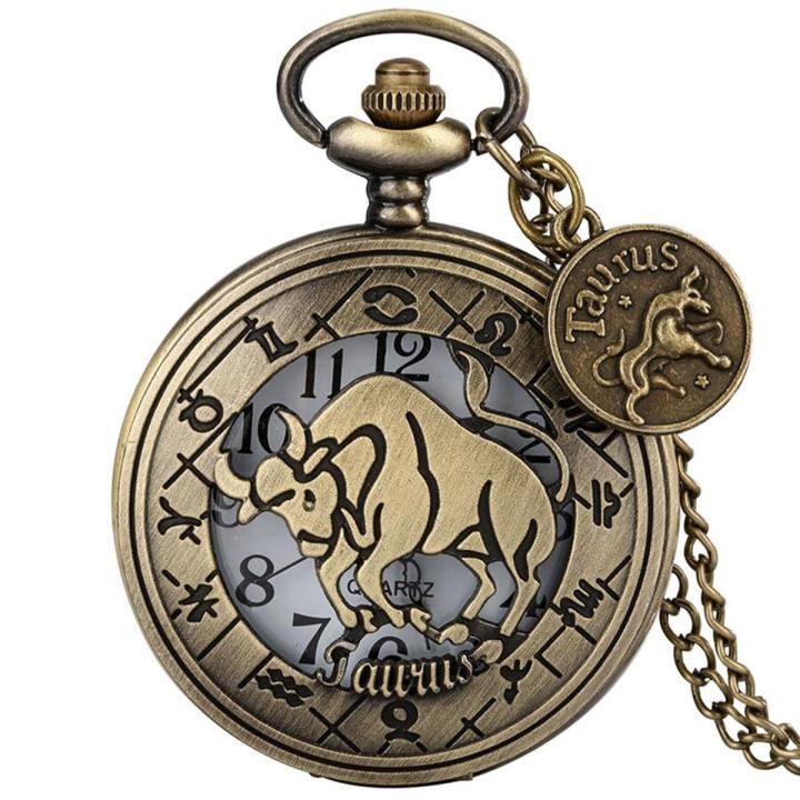 12 Constellation Zodiac Sign Quartz Pocket Watch Taurus Aquarius Pisces ...