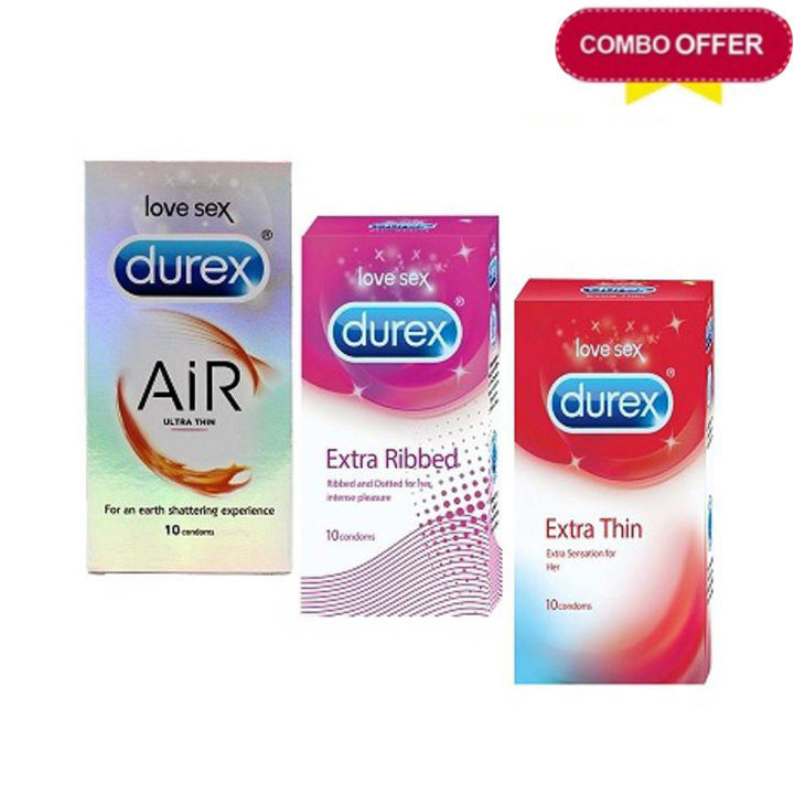 Durex Valentine's Mix Combo Pack - Air, Ribbed, Thin (3 Sets, 30 Pieces ...