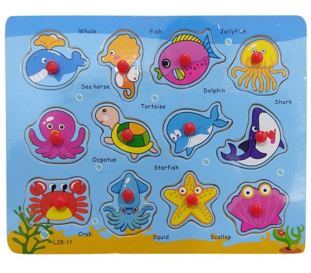 Wooden 3D Peg Puzzle Marine Fish Set - Smart Educational Montessori Toy ...