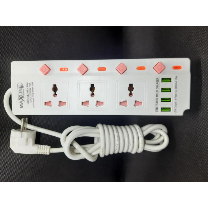 4USB Multi Plug Maxline ML-704 Multiplug 3 Port Extention Socket 3 ...