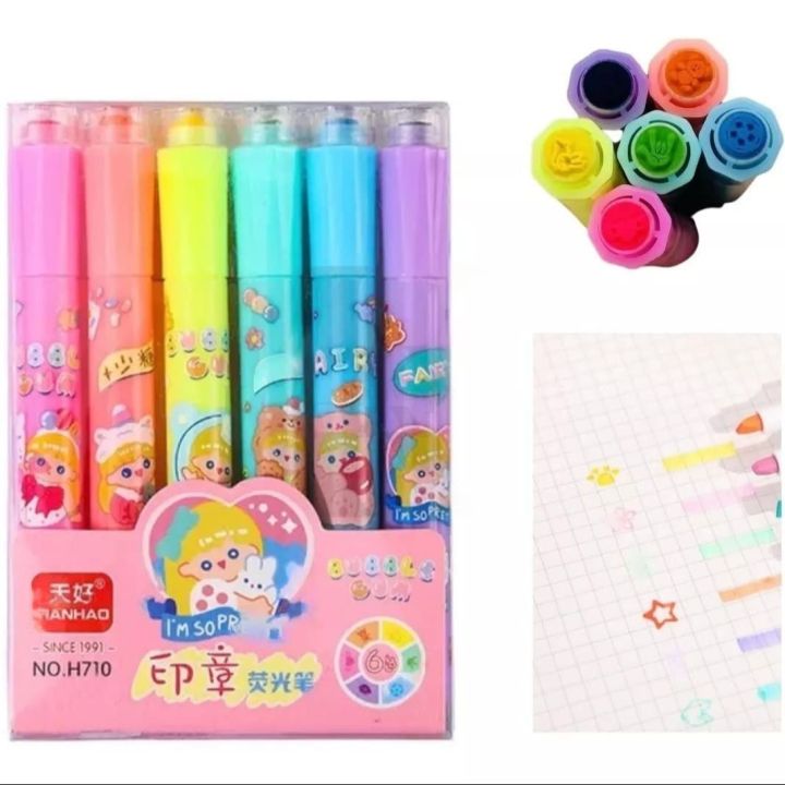 Stamp Highlighters 2-in-1 Pastel Color Marker Pen, Cute Stationery ...