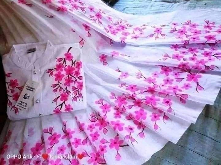 Half Silk Hand Print Sari And Dhupian Panjabi For Combo Couple ...