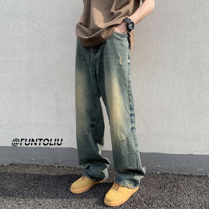Washed Yellow Mud Color Jeans Men's Summer American Retro High Street ...