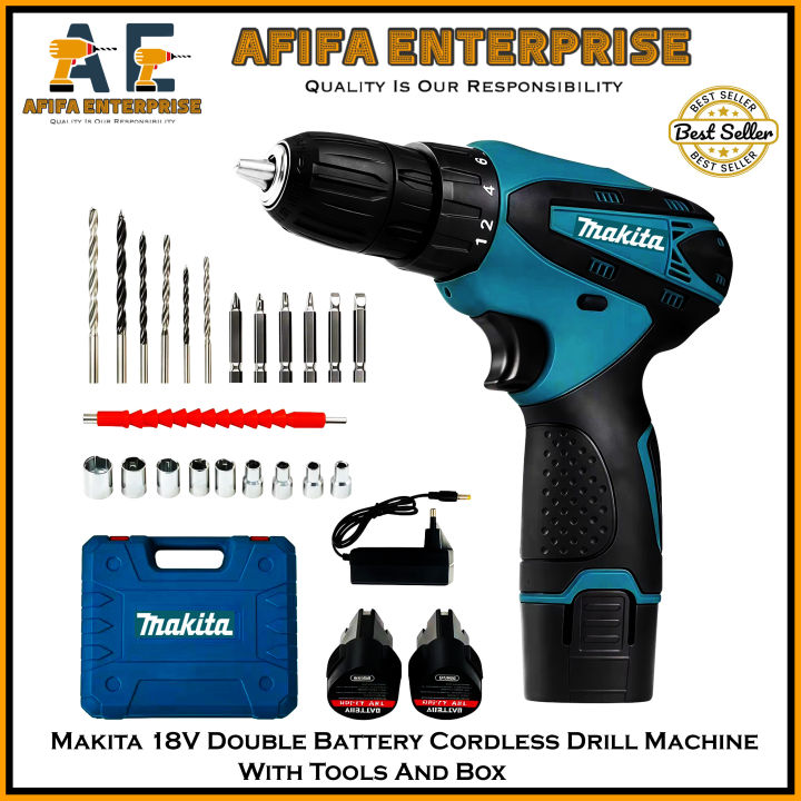 Makita 18V Double Battery Cordless Drill Machine With Tools And Box ...