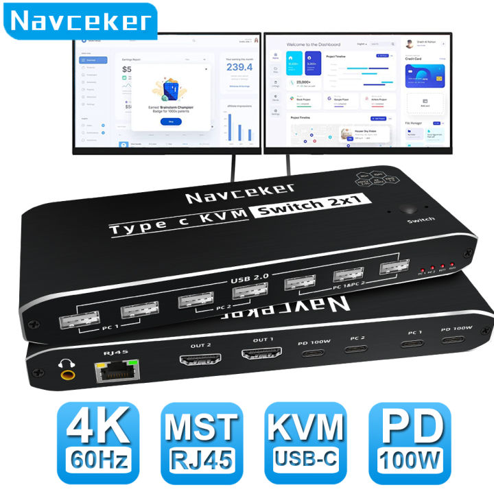 Navceker 2x2 4K 60Hz Thunderbolt 4 USB C KVM Switch Dual Monitor RJ45 ...
