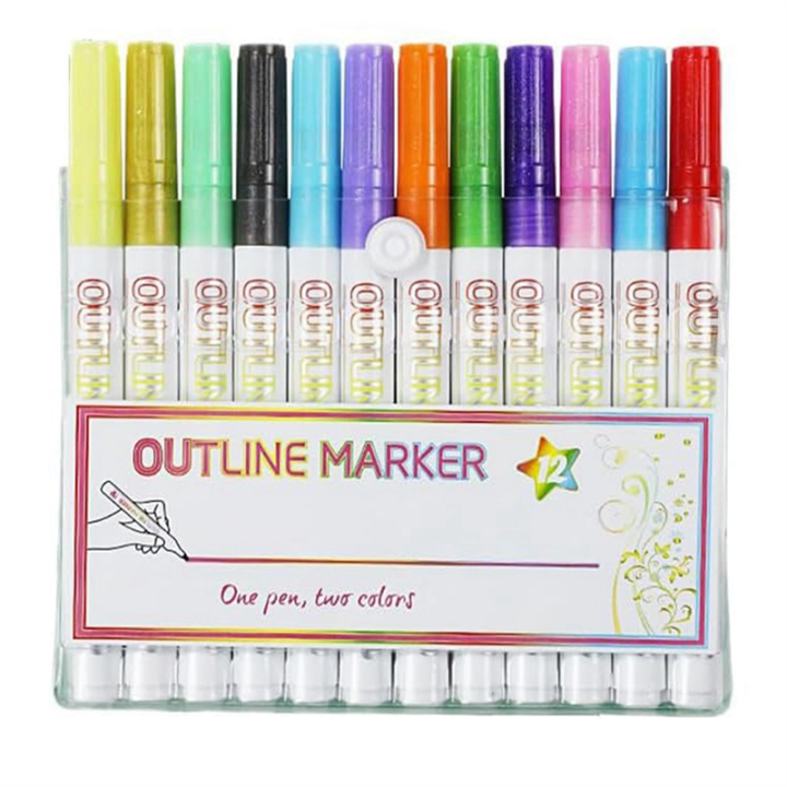 12 Colors Glitter Gel Pens Set Kit Outline Marker Double Line Pen Set ...